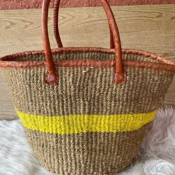 Bags | African Straw Woven Leather Tote Large | Poshmark